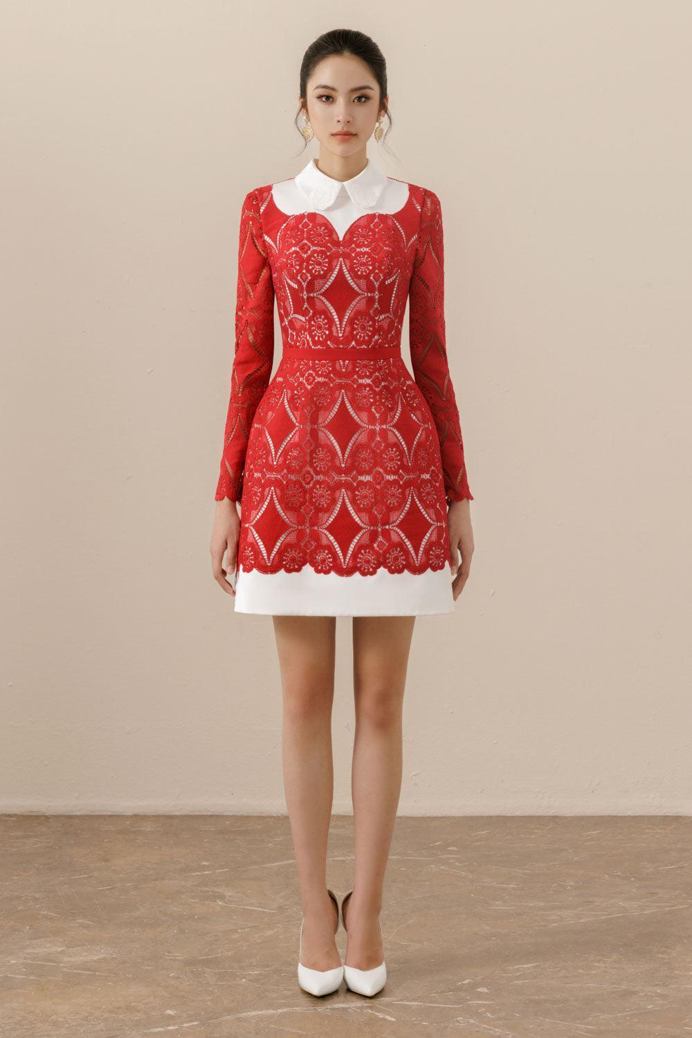 Women's Isabella A-line Long Sleeved Lace Mini Dress S/M/L/XL White&Red ...