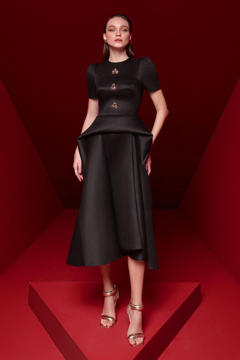 Women's Isabella Peplum Puffy Sleeved Taffeta Midi Dress XS/S/M/L Black ...