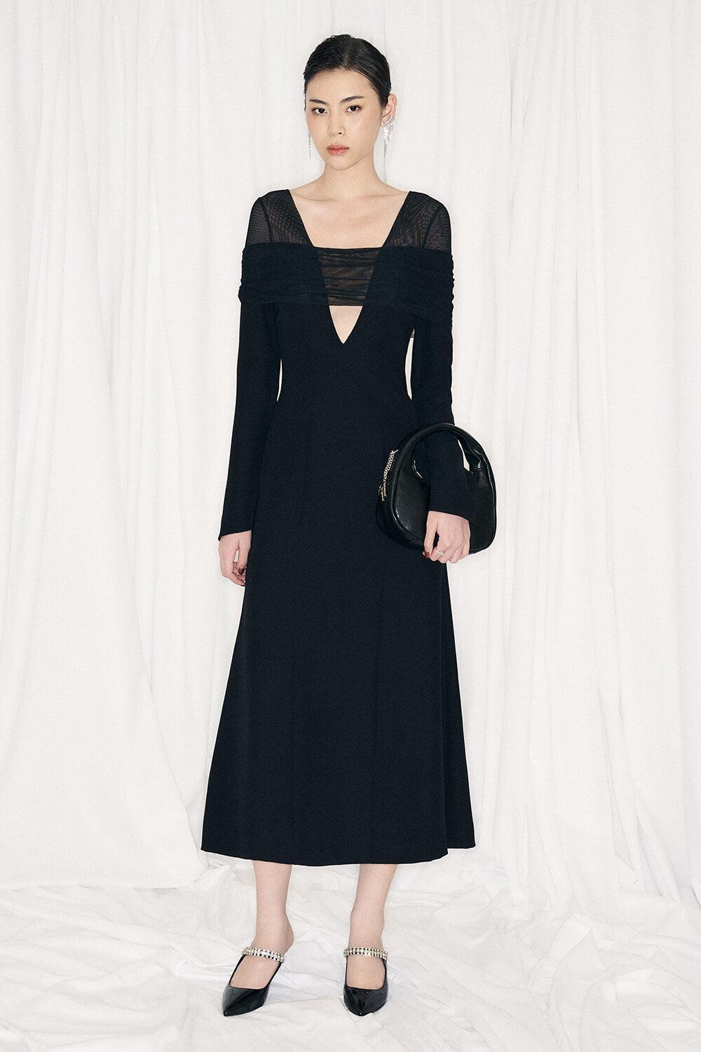 Women's Jream Sheath Long Sleeved Satin Crepe Midi Dress S/M/L Black ...