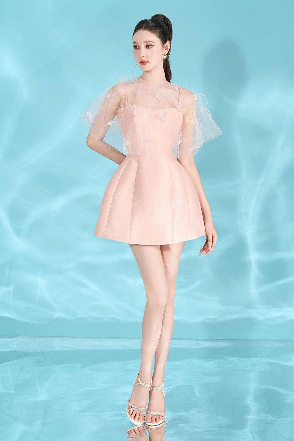Women's Keira A-line Cape Shoulder Taffeta Mini Dress S/M/L Pink MEAN BLVD
