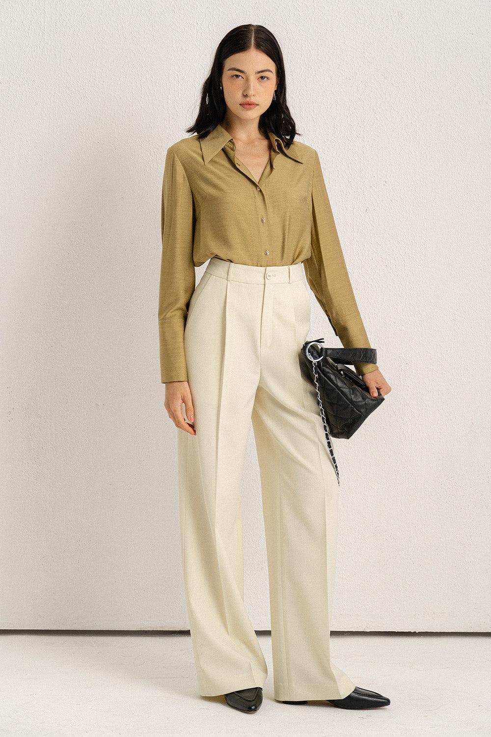 Women's Kress Straight Collared Neck Silk Shirt S/M/L Beige/Nuggets ...