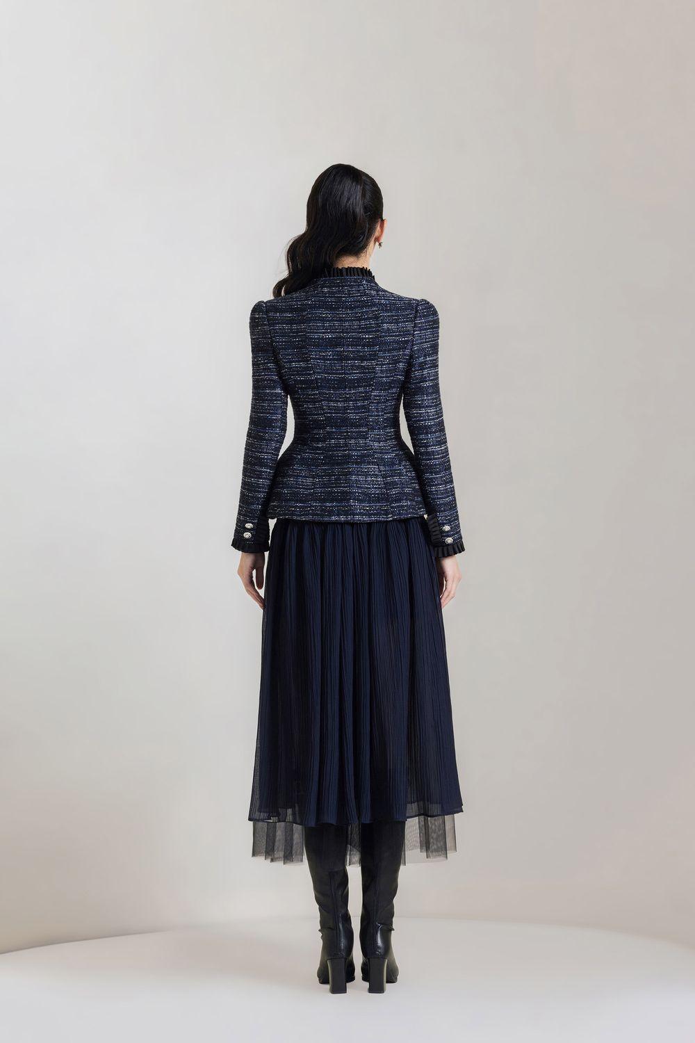 Women's Lana Peplum Lapelless Tweed Jacket S/M/L/XL Navy MEAN BLVD