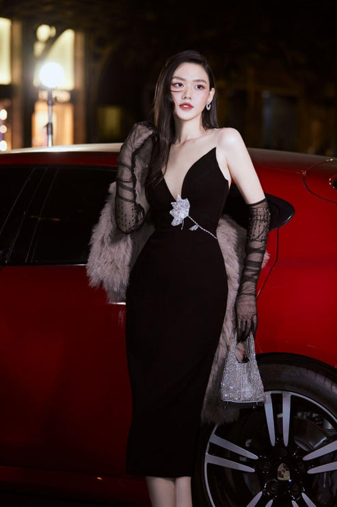 Women's Lapina Hourglass Illusion Neck Silk Calf Length Dress S Black ...