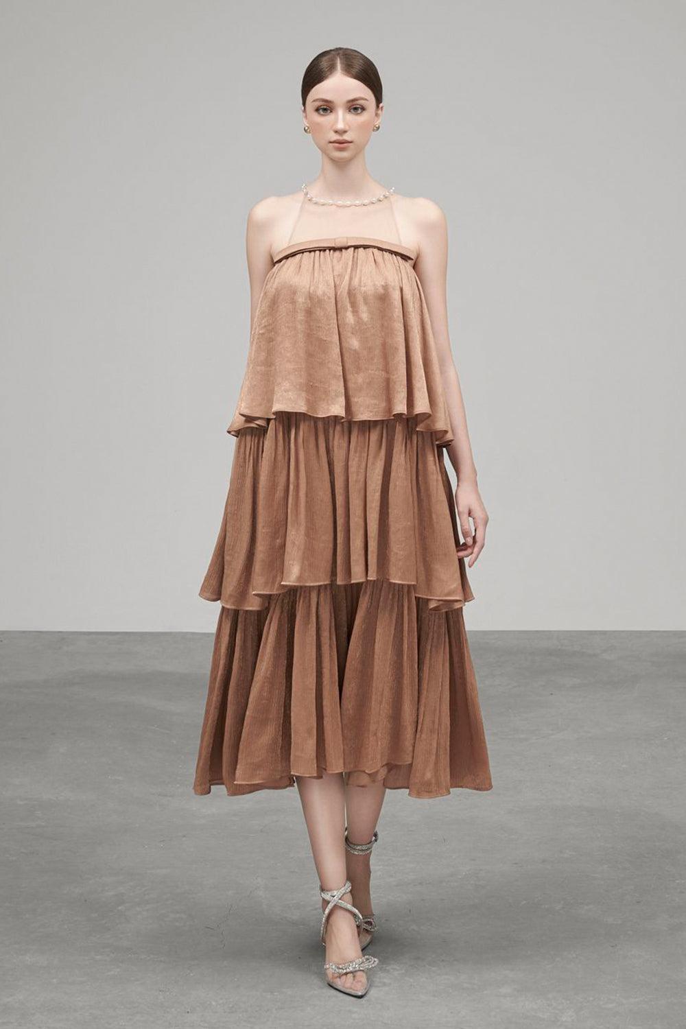 Layla Layered Illusion Neck Crinkle Silk Calf Length Dress | MEAN BLVD