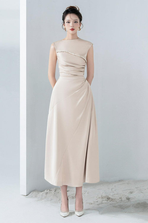 Women's Lexie A-line Draped Silk Blend Midi Dress XS/S/M/L/XL Beige ...