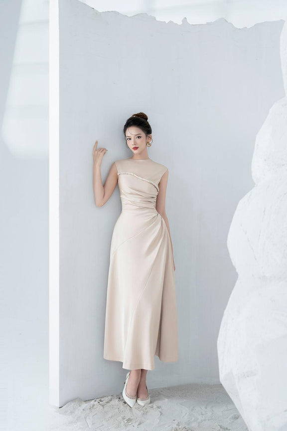 Women's Lexie A-line Draped Silk Blend Midi Dress XS/S/M/L/XL Beige ...