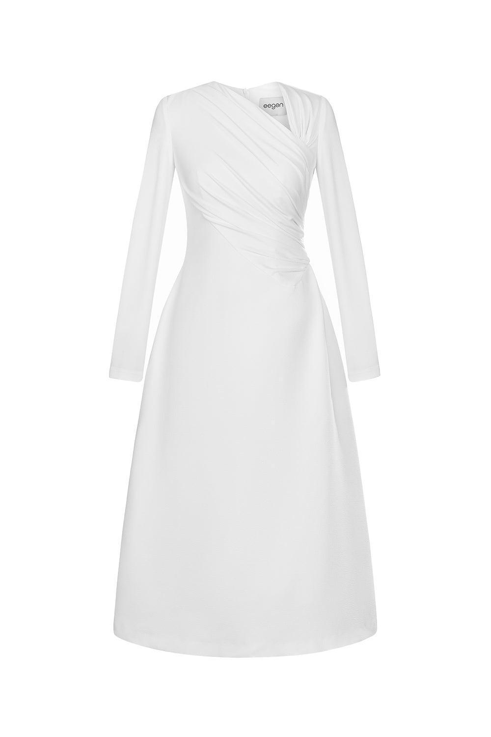 Women's Lopsided A-line Long Sleeved Crinkle Crepe Midi Dress S/M/L/XL ...