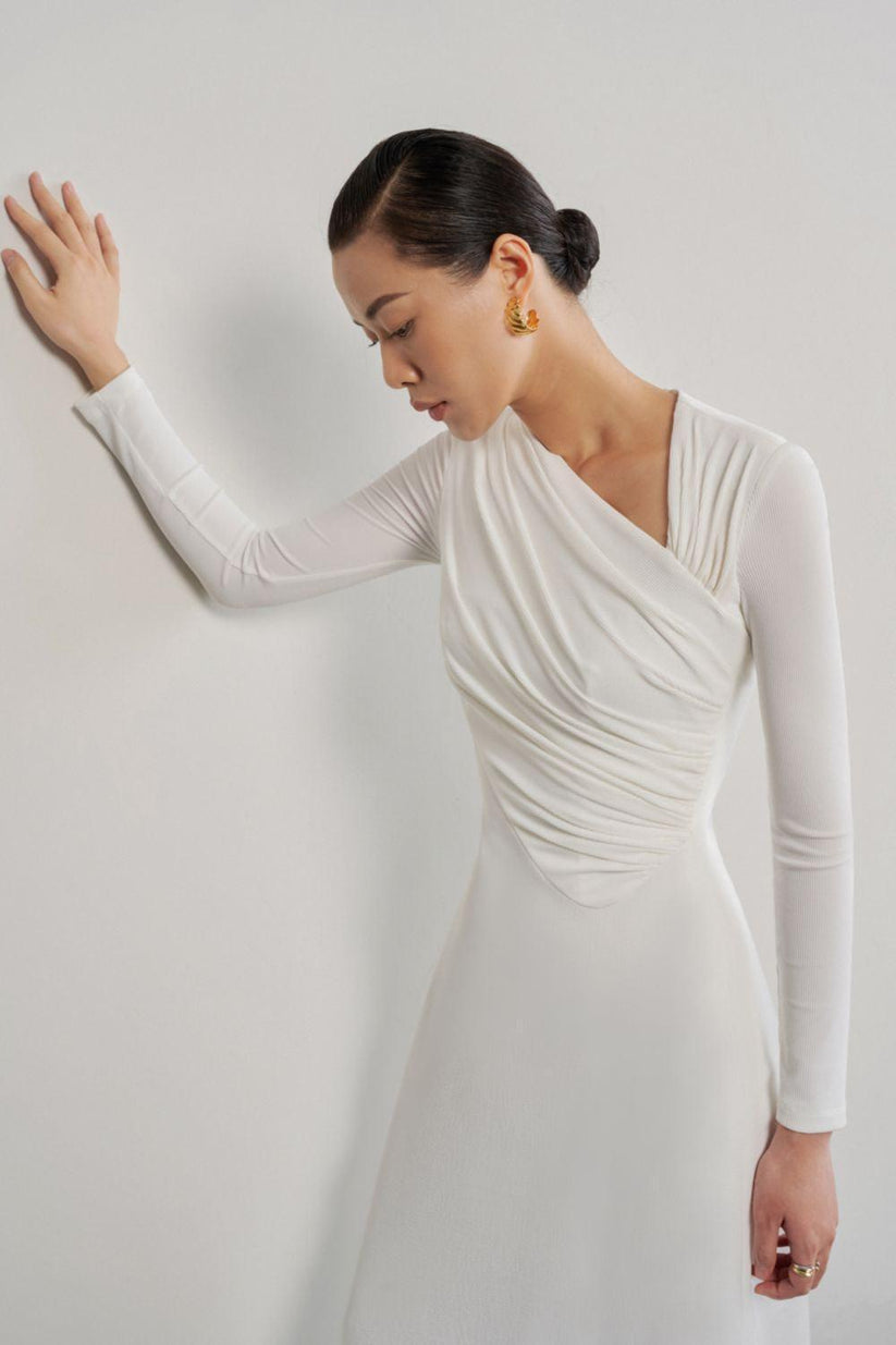 Women's Lopsided A-line Long Sleeved Crinkle Crepe Midi Dress S/M/L/XL ...