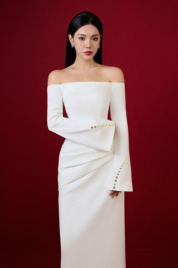 Louisa Sheath Off-Shoulder Spandex Midi Dress | MEAN BLVD