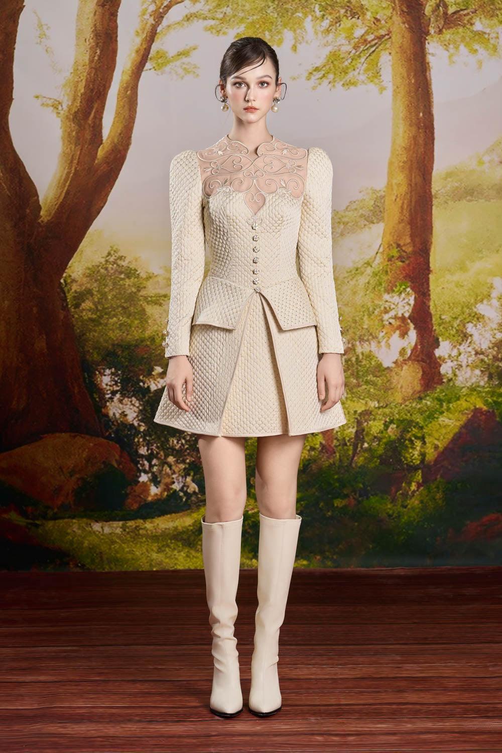 Women's Luisa A-line Long Sleeved Tweed Mini Dress S/M/L Cream MEAN BLVD