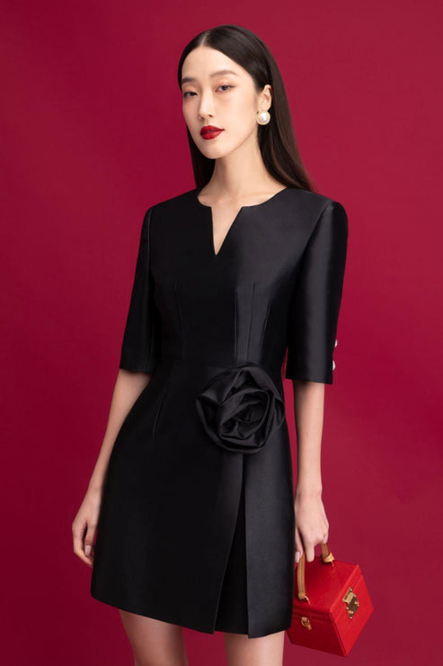 Women's Lulu A-line V-Neck Taffeta Mini Dress S/M/L Black MEAN BLVD