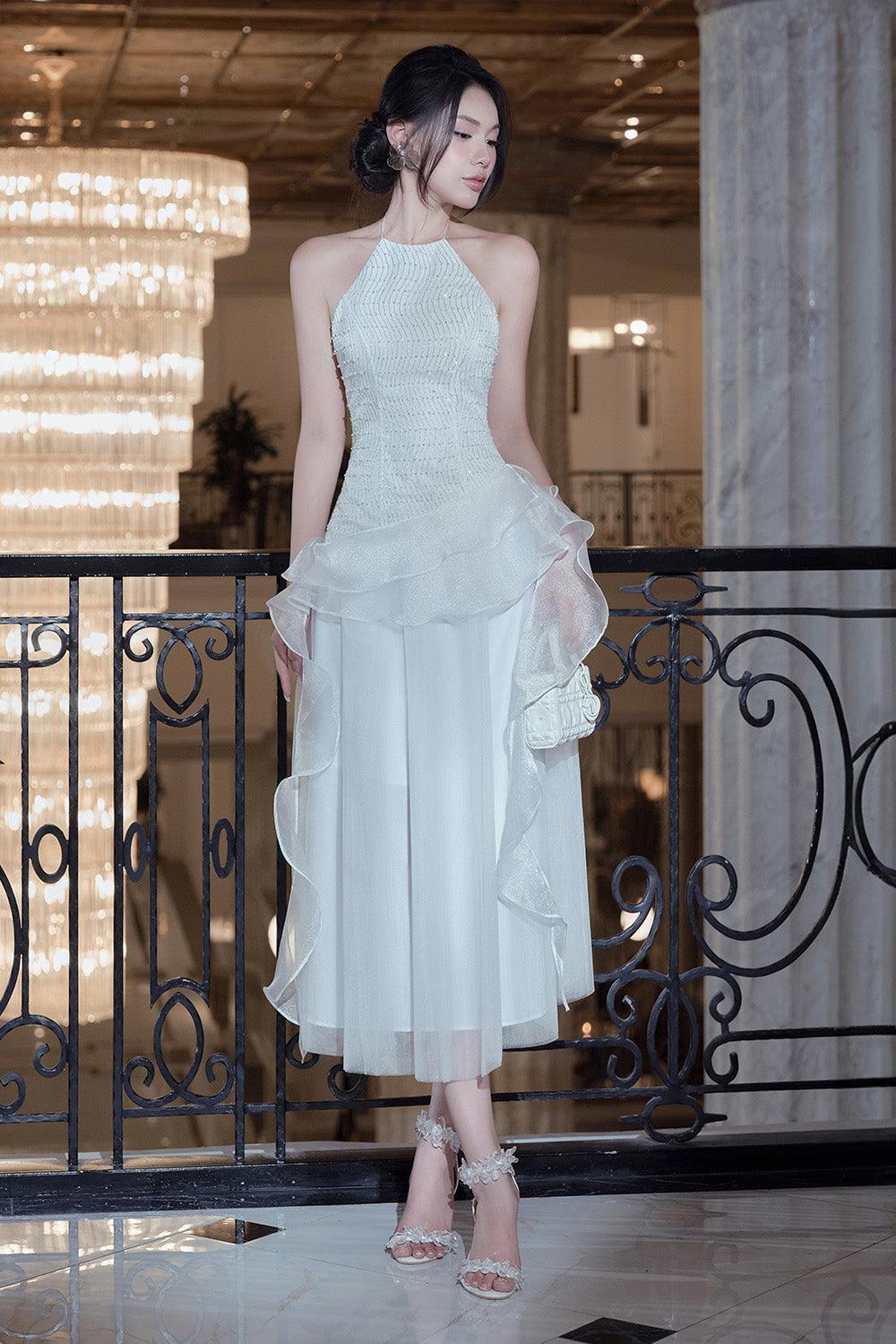 Lyla Halter Ruffled Mesh Taffeta Midi Dress | MEAN BLVD