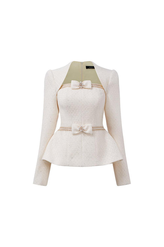 Women's Maddy Peplum Queen Anne Neck Tweed Top S/M/L Beige MEAN BLVD