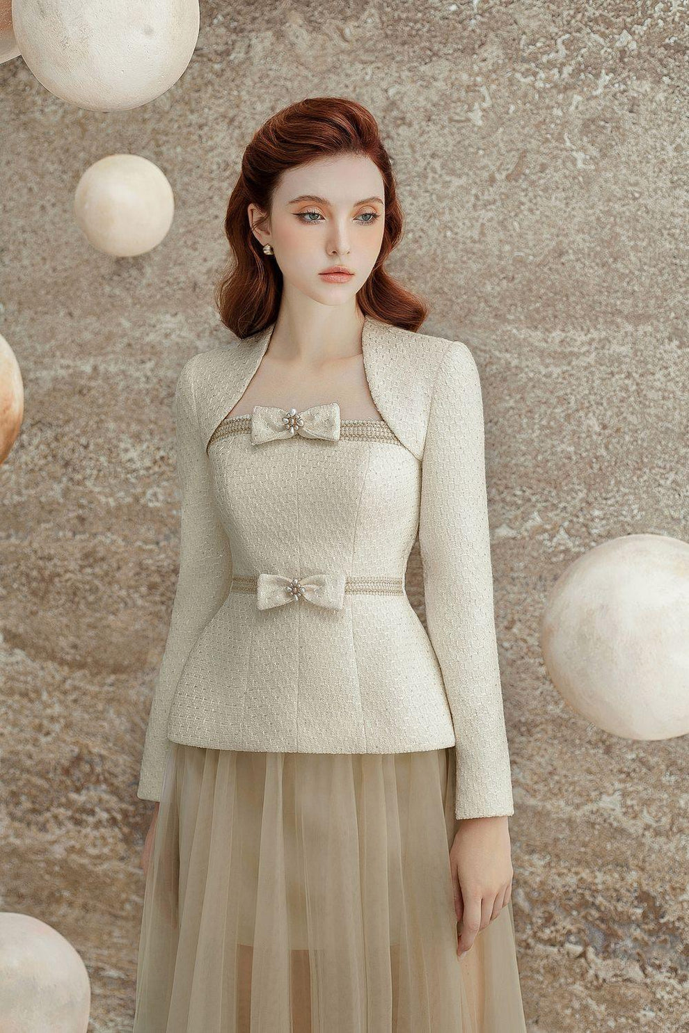 Women's Maddy Peplum Queen Anne Neck Tweed Top S/M/L Beige MEAN BLVD