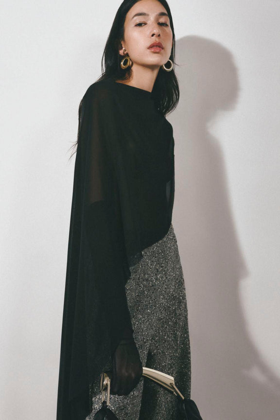 Women's Maren Asymmetric See-Through Chiffon Cape Oversize Black MEAN BLVD