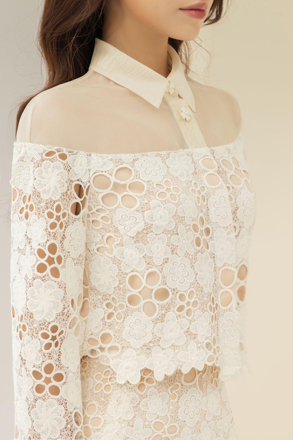 Women's Maria Cropped Collared Neck Lace Shirt S/M/L Nude MEAN BLVD