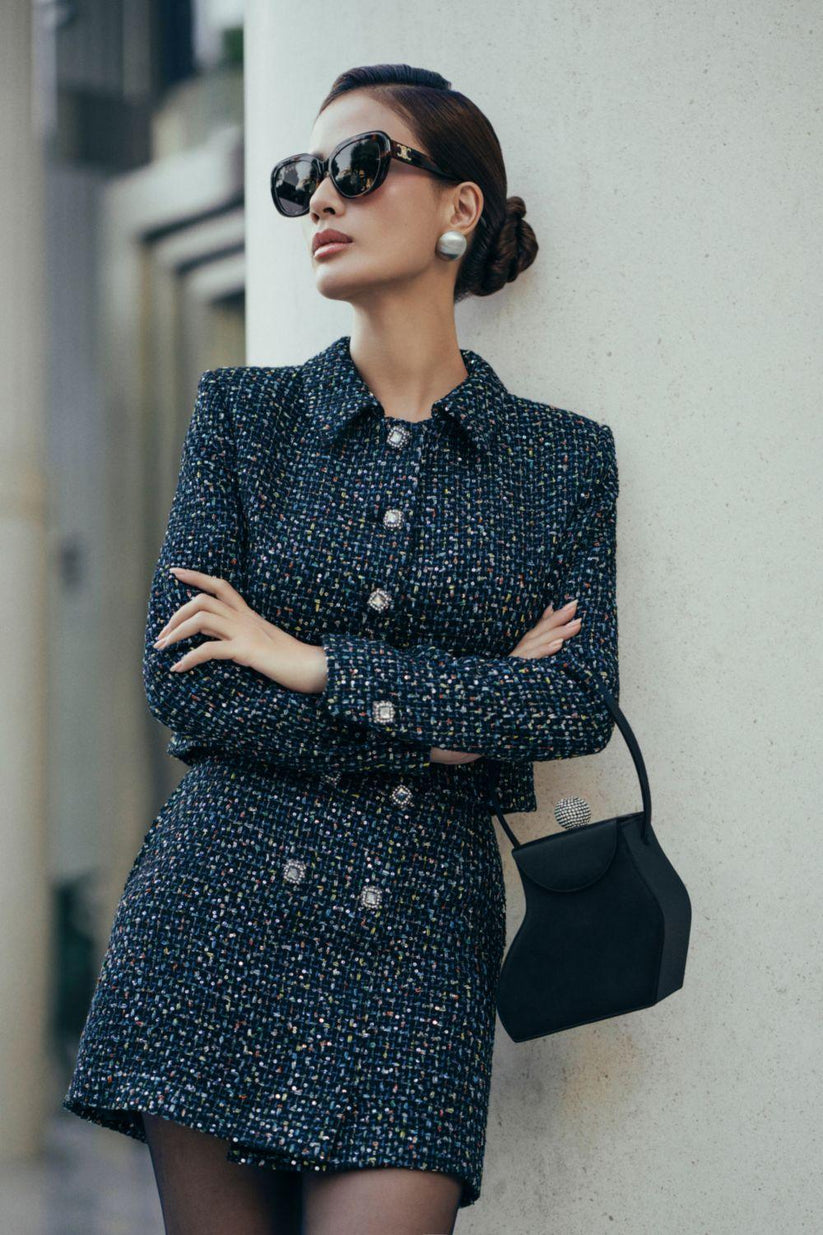 Women's Megan Cropped Collared Neck Tweed Jacket S/M/L Blue MEAN BLVD