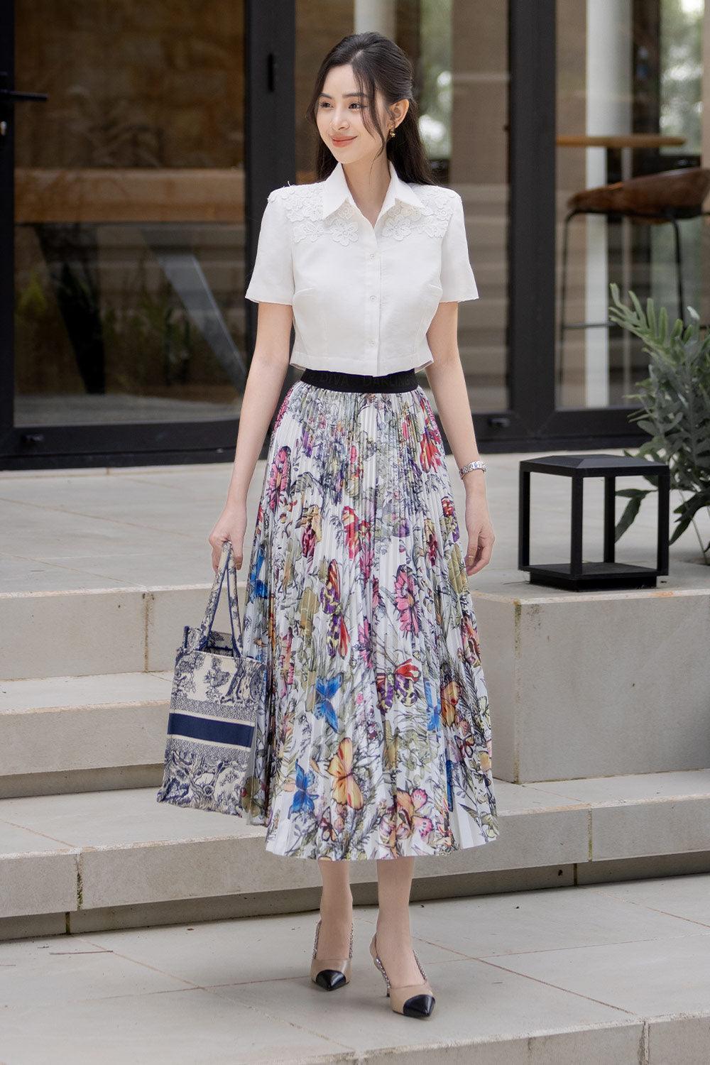 Women's Milly Cropped Flower Applique Linen Shirt S/M/L/Customize White ...