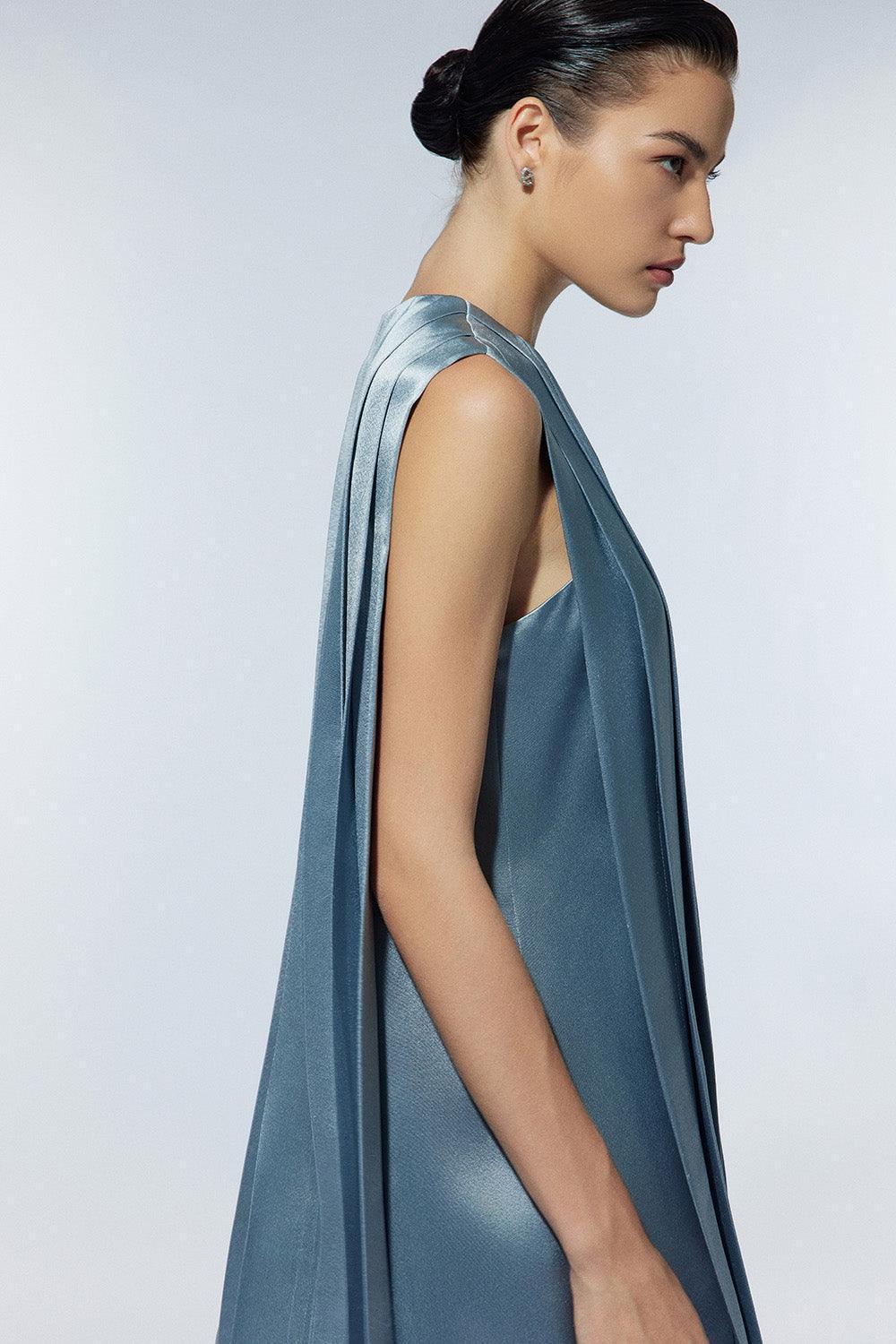 Women's Minster Pleated Front Zipper Satin Mini Dress XS/S/M/L/XL/XXL/3XL Cream/Baby Blue MEAN BLVD