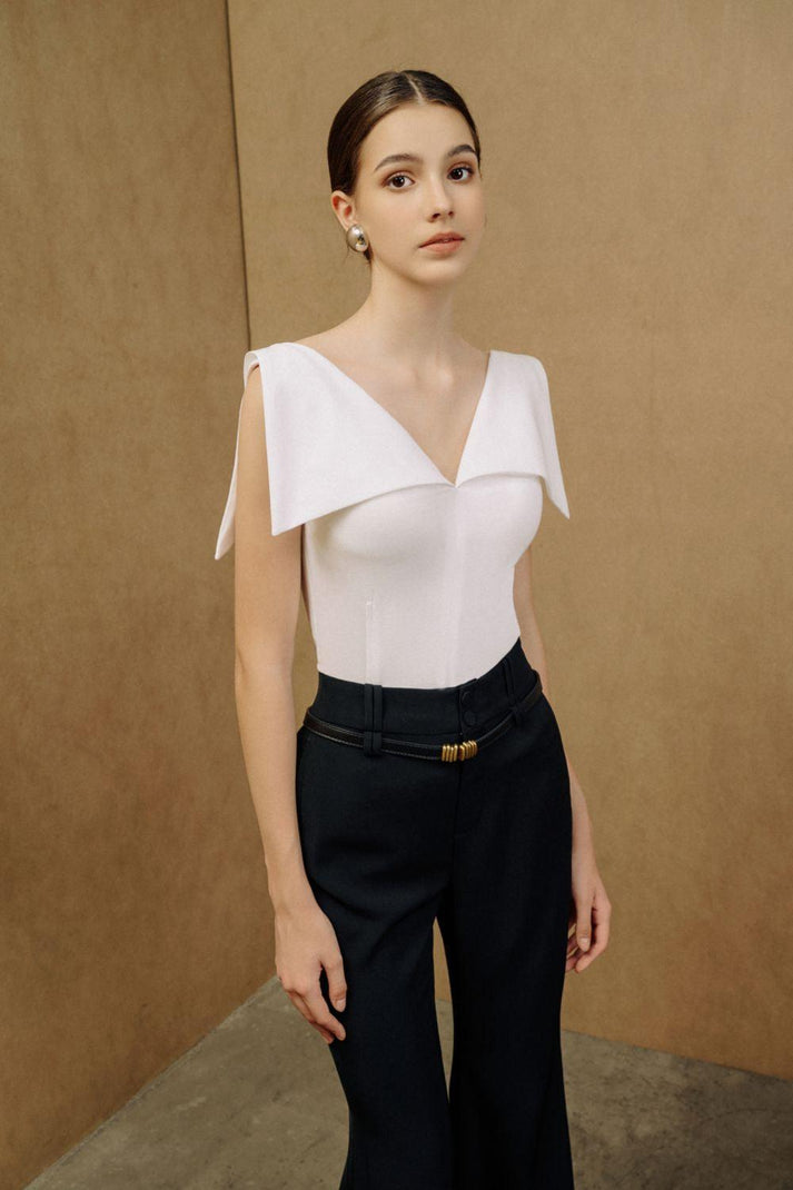 Women's Mira Bodycon Sailor Collar Neck Cotton Top S/M/L/XL White/Camel ...