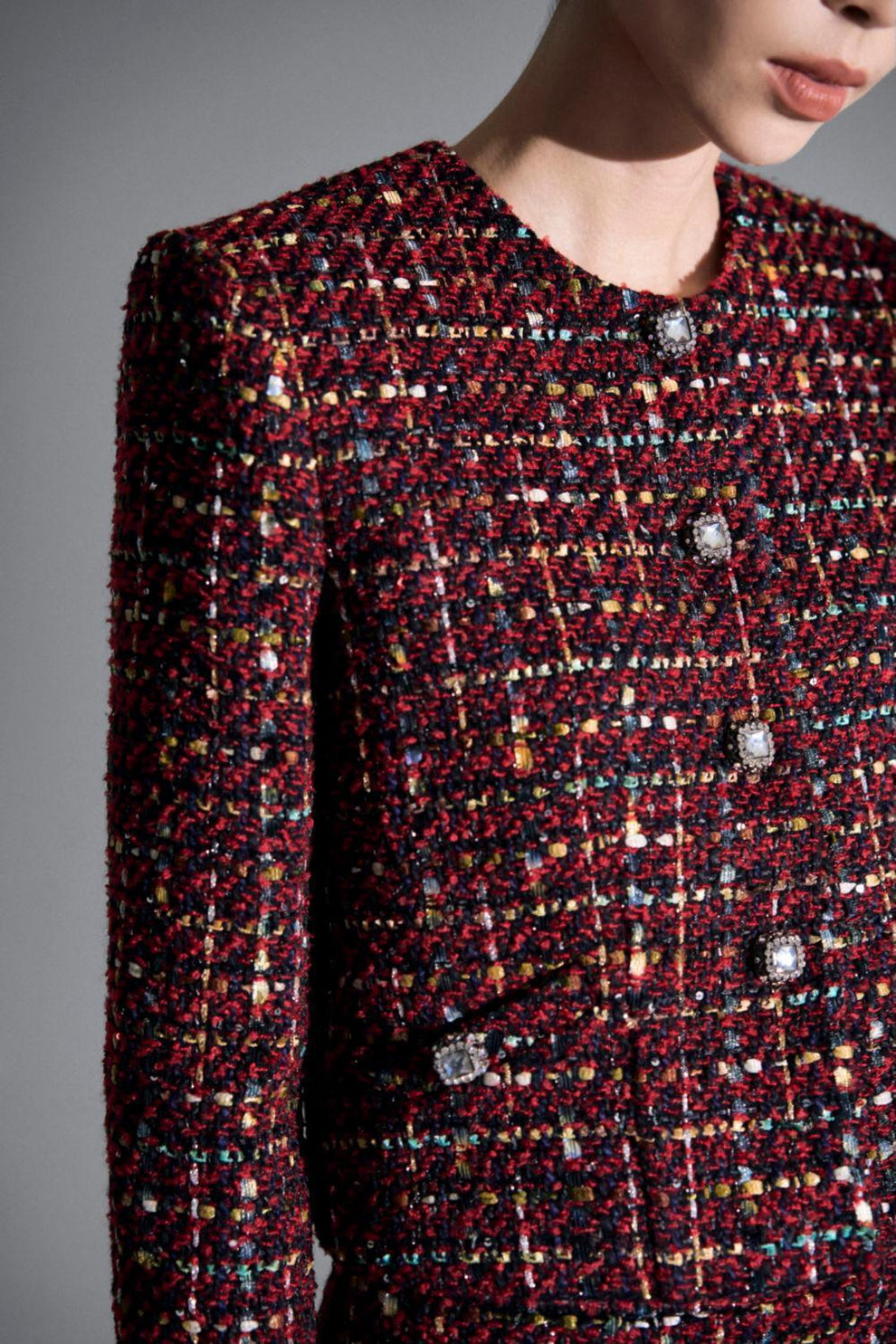Women's Natalie Cropped Round Neck Tweed Jacket S/M/L Red MEAN BLVD