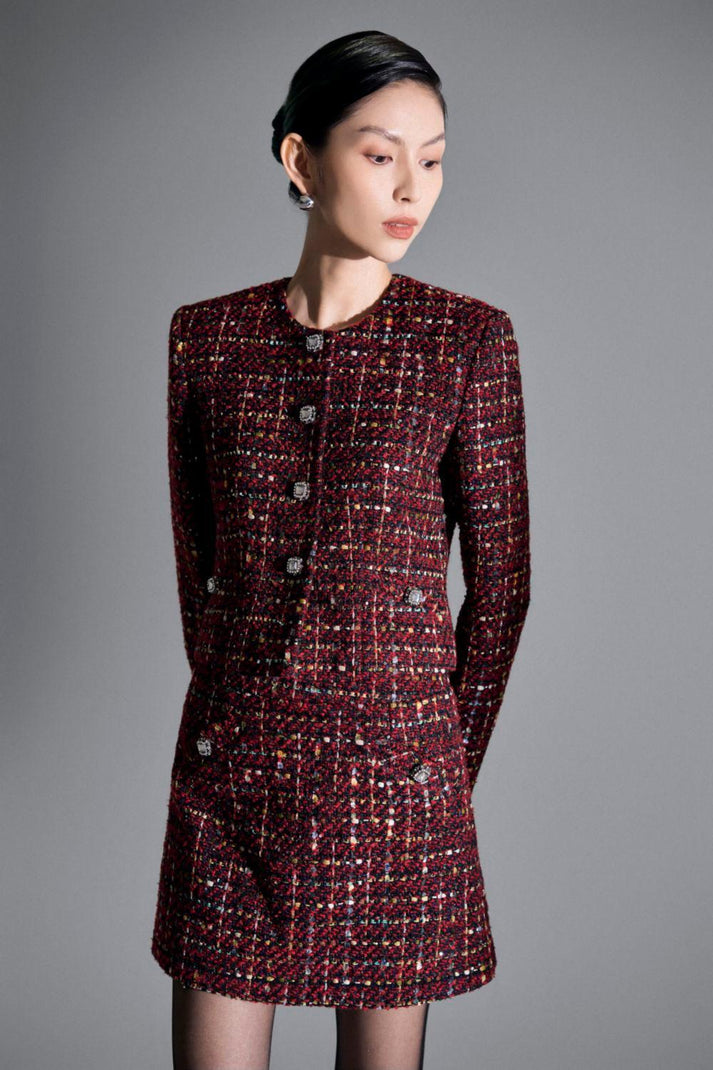 Women's Natalie Cropped Round Neck Tweed Jacket S/M/L Red MEAN BLVD