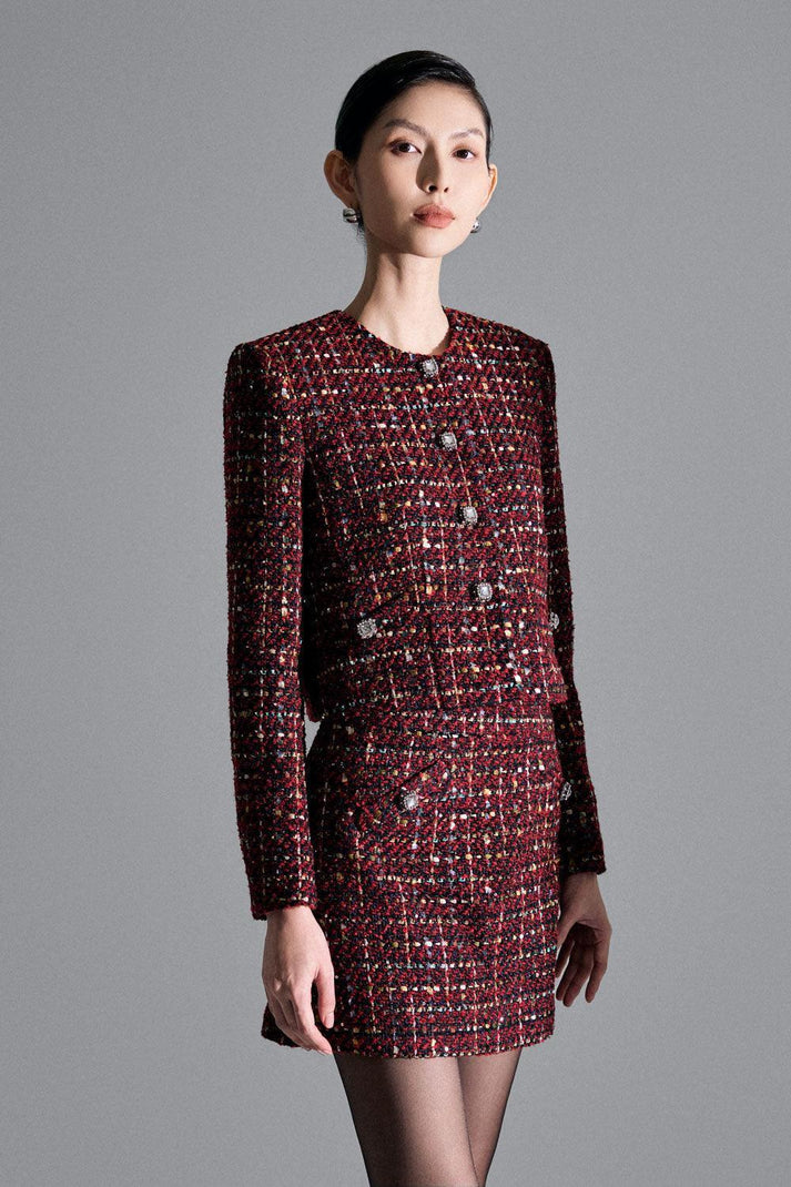 Women's Natalie Cropped Round Neck Tweed Jacket S/M/L Red MEAN BLVD