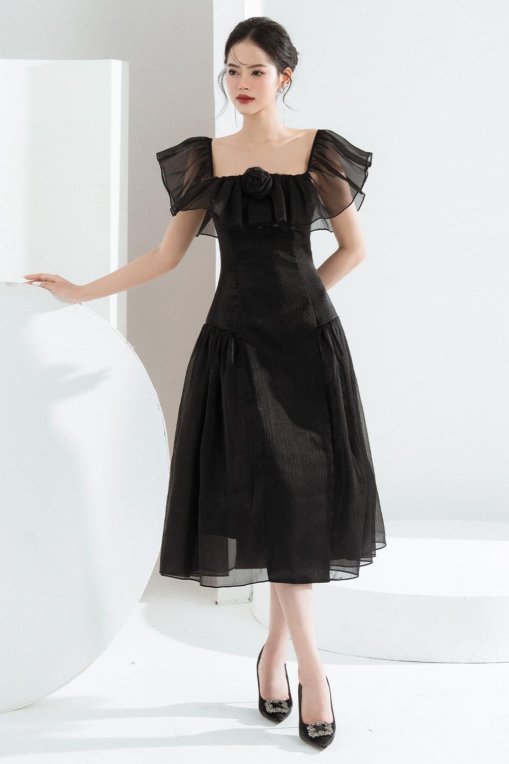 Women's Nikita A-line Square Neck Chiffon Midi Dress S/M/L Black/White ...