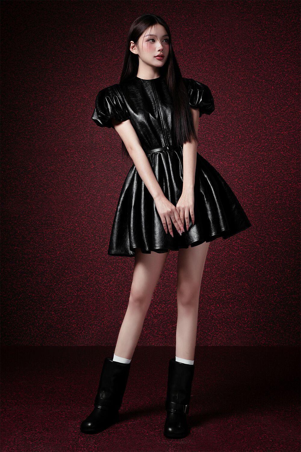 Women's Patrick A-line Round Neck Leather Mini Dress XS/S/M/L Black ...