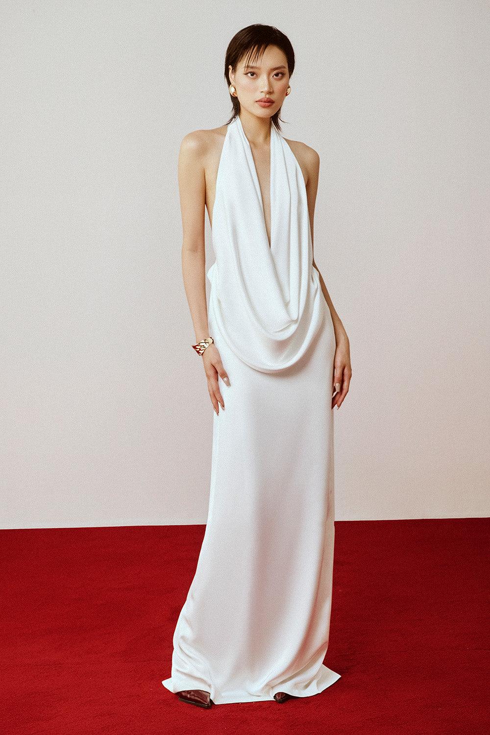 Women's Peral Straight Cowl Neck Silk Satin Floor Length Dress ...