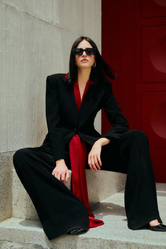 Queen Straight Box Pleated Poly Silk Floor Length Pants | MEAN BLVD