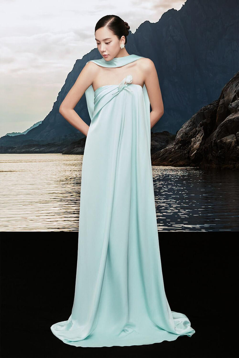 Women's Rayan Strapless Pleated Chest Silk Maxi Dress S/M/L Light Mint ...