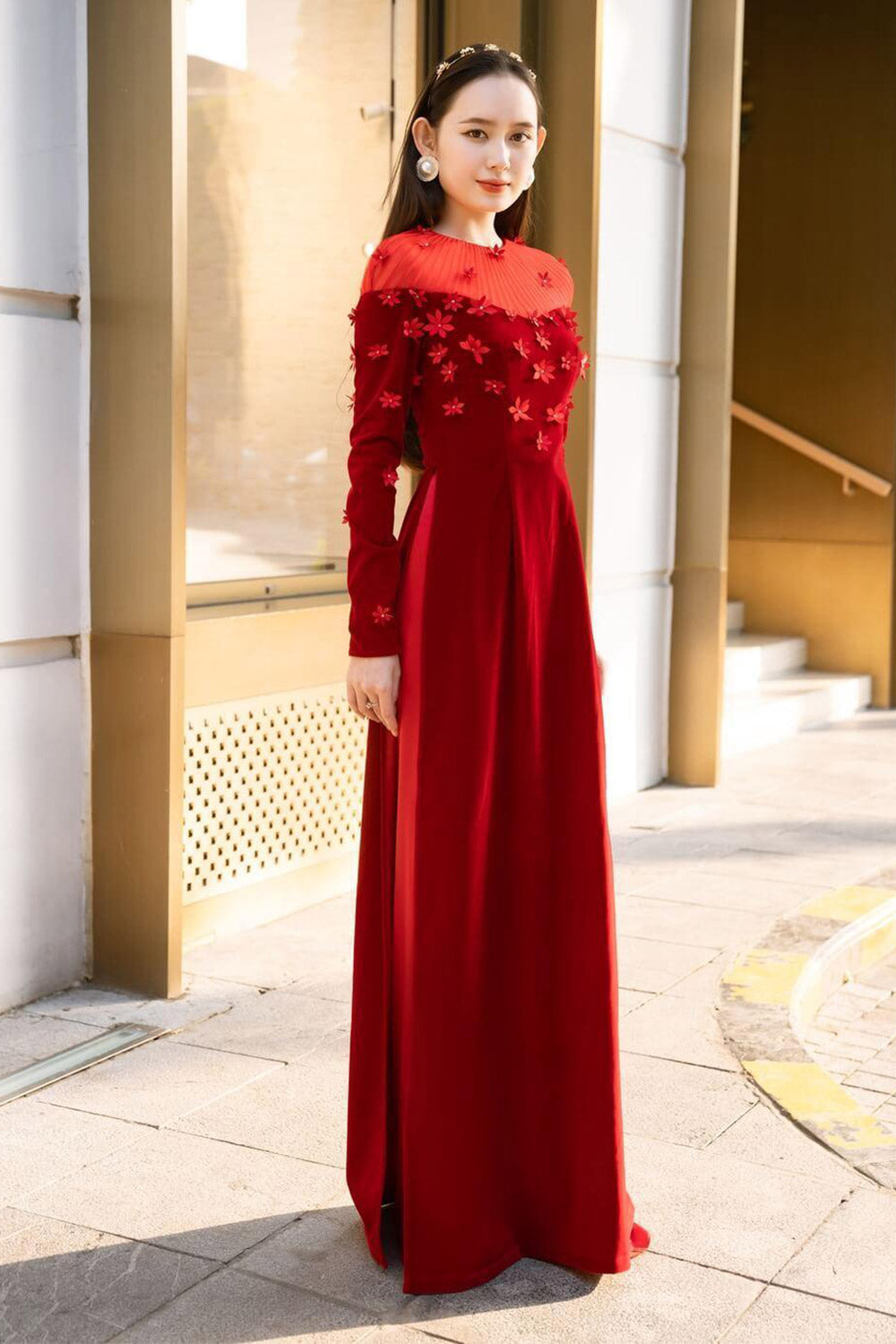 Women's Remi Fitted Flower Applique Velvet Long Length Ao Dai Set S/M/L ...