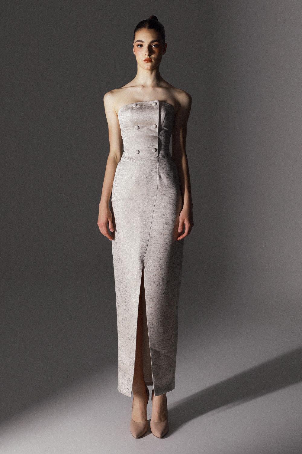 Women's Ritz Slit Straight Across Neck Brocade Ankle Length Dress 0/1/2 ...