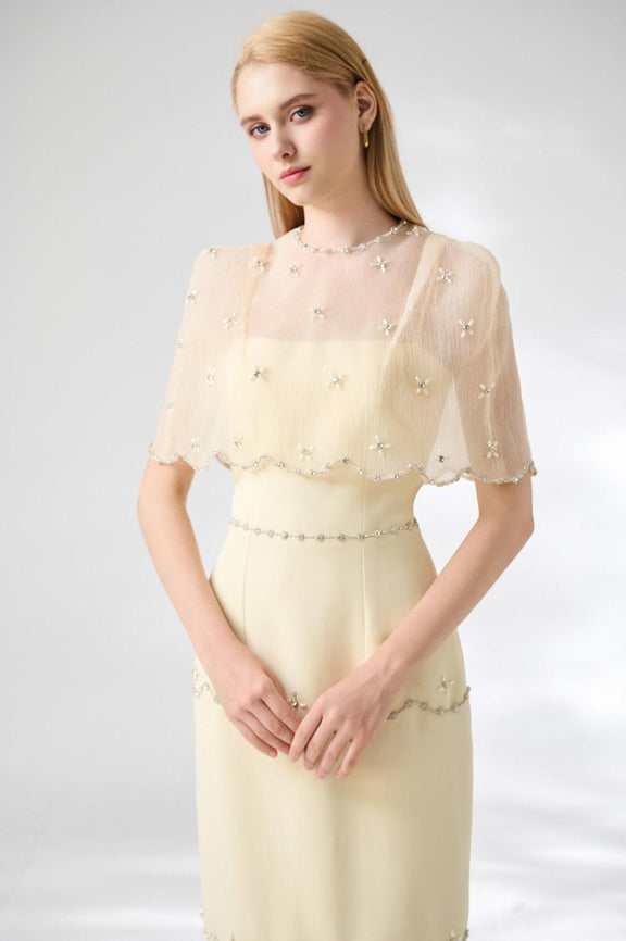 Women's Rivera Sheath Cape Shoulder Mesh Taffeta Midi Set XS/S/M/L/XL ...