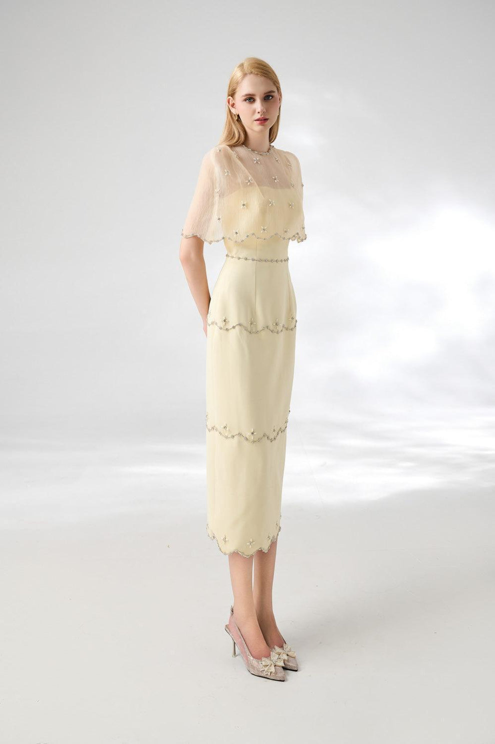 Women's Rivera Sheath Cape Shoulder Mesh Taffeta Midi Set XS/S/M/L/XL ...