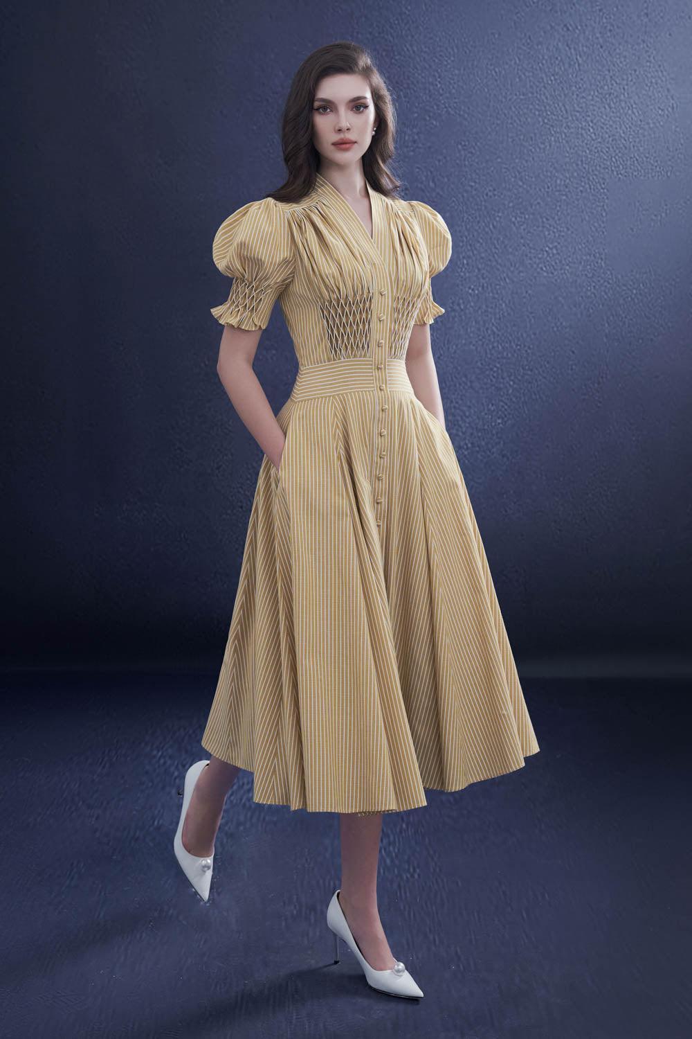 Women's Rogueara A-line V-Neck Raw Fabric Midi Dress S/M/L Yellow/Blue ...