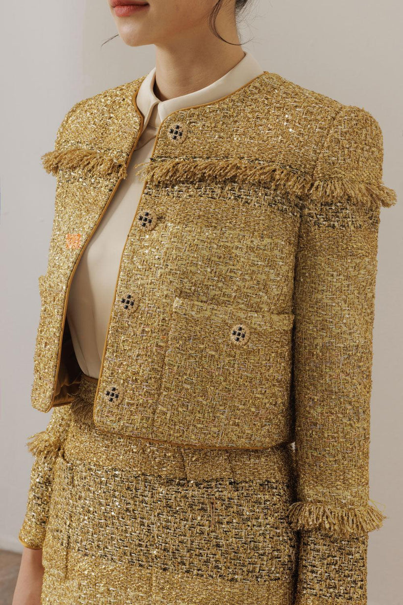 Women's Romanza Straight Round Neck Tweed Jacket S/M/L/XL Golden Yellow ...