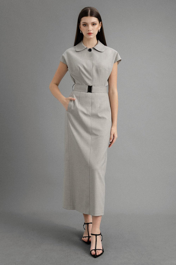 Women's Ronnie Sheath Cap Sleeved Wool Midi Dress S/M/L Grey/Brown MEAN ...