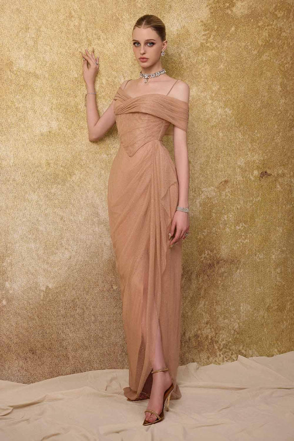 Women's Royau Sarong Cold Shoulder Sleeved Mesh Sequin Floor Length ...