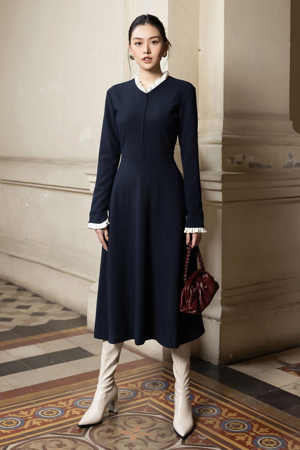 Women's Rylee A-line Long Sleeved Polycotton Midi Dress XS/S/M/L Navy ...