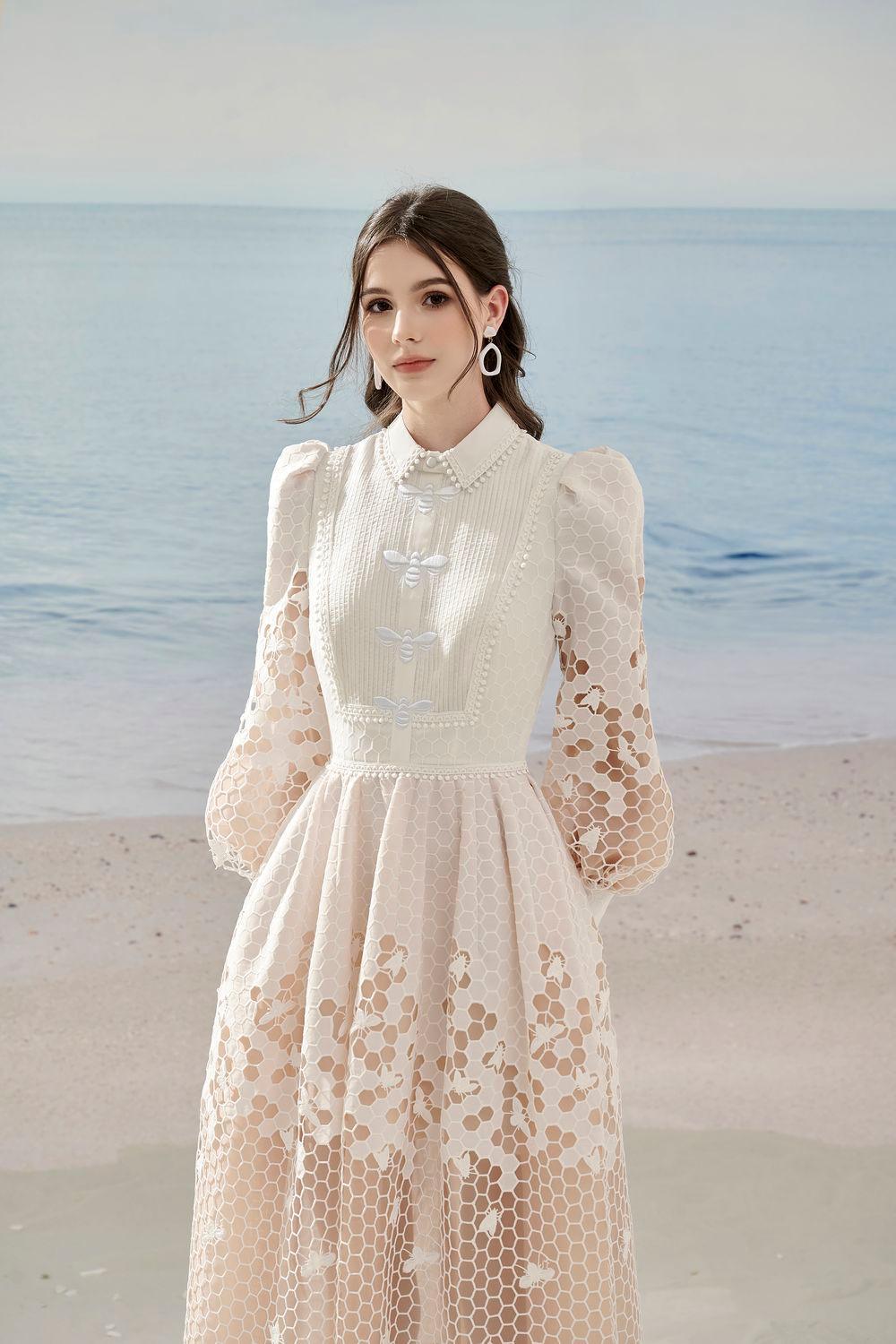 Women's Sadra Dempsey A-line Bishop Sleeved Cotton Lace Midi Dress S/M ...
