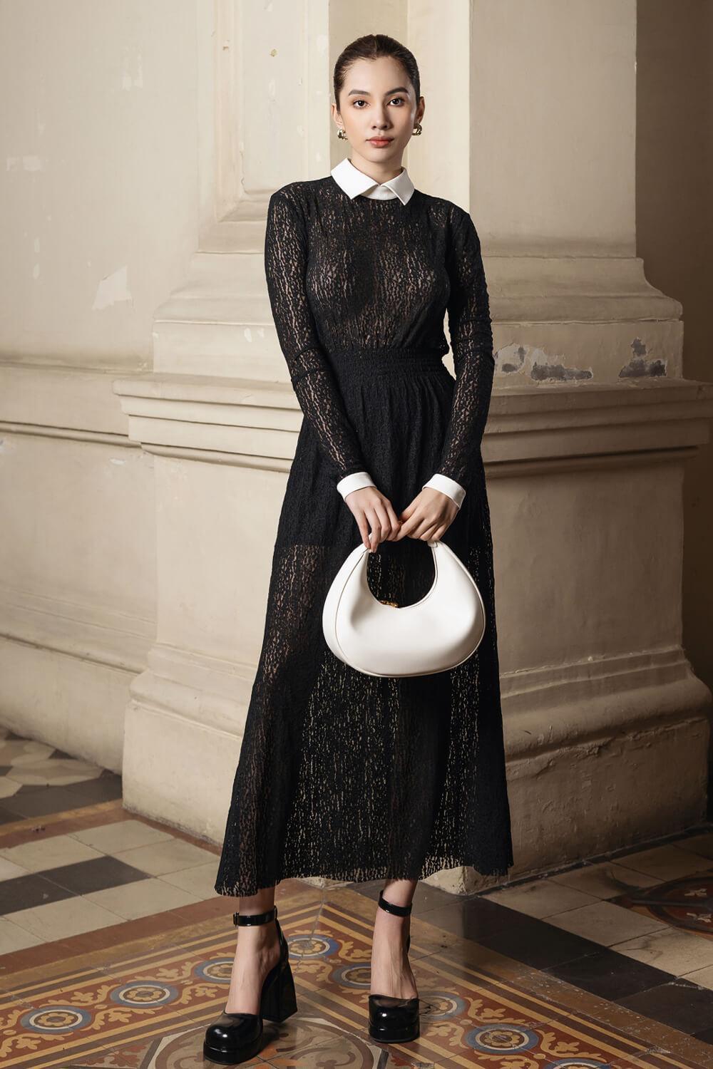 Women's Sarah A-line Long Sleeved Lace Maxi Dress XS/S/M/L Black MEAN BLVD