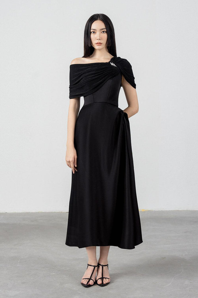 Sarah Fit and Flare Asymmetric Neck Taffeta Midi Dress | MEAN BLVD