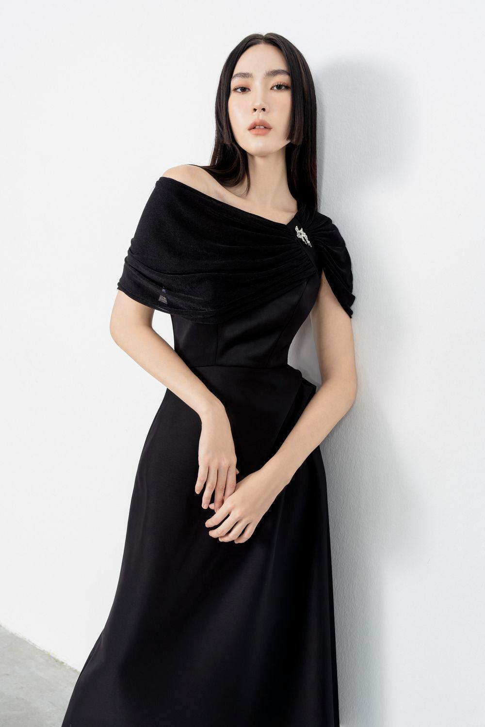 Sarah Fit and Flare Asymmetric Neck Taffeta Midi Dress | MEAN BLVD