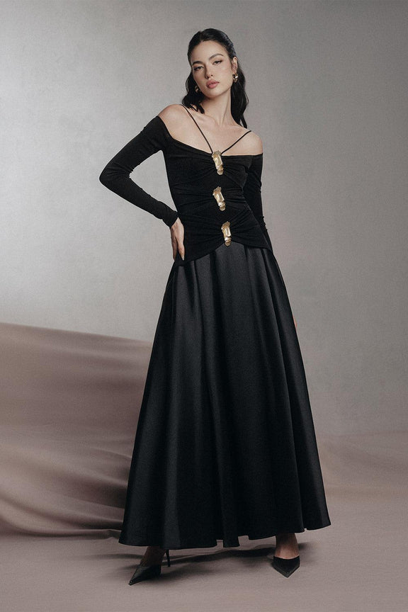 Women's Soler A-line Cold Shoulder Sleeved Spandex Taffeta Maxi Dress S ...