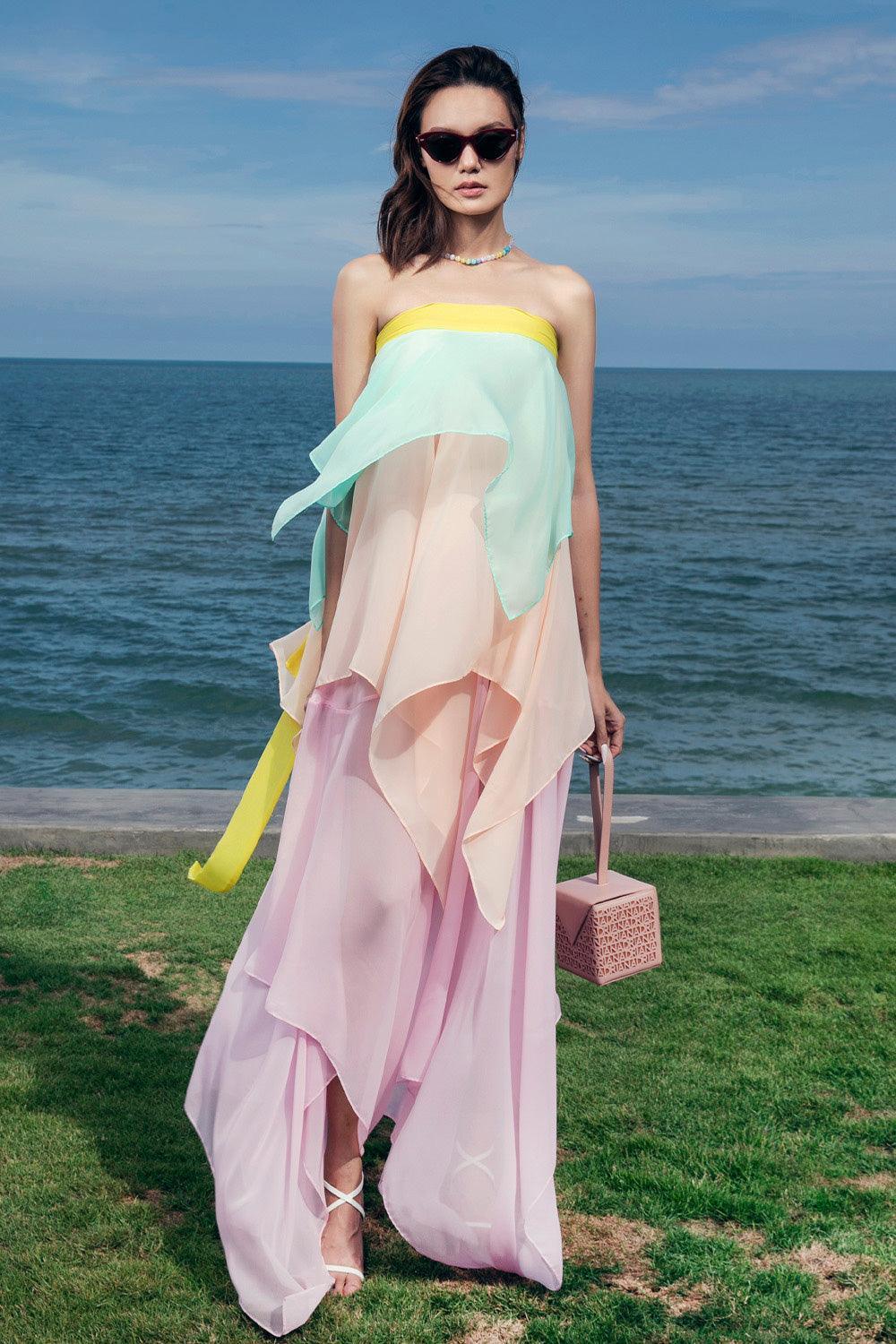 Women's Suzanne Strapless Layered Organza Voile Floor Length Dress S/M ...