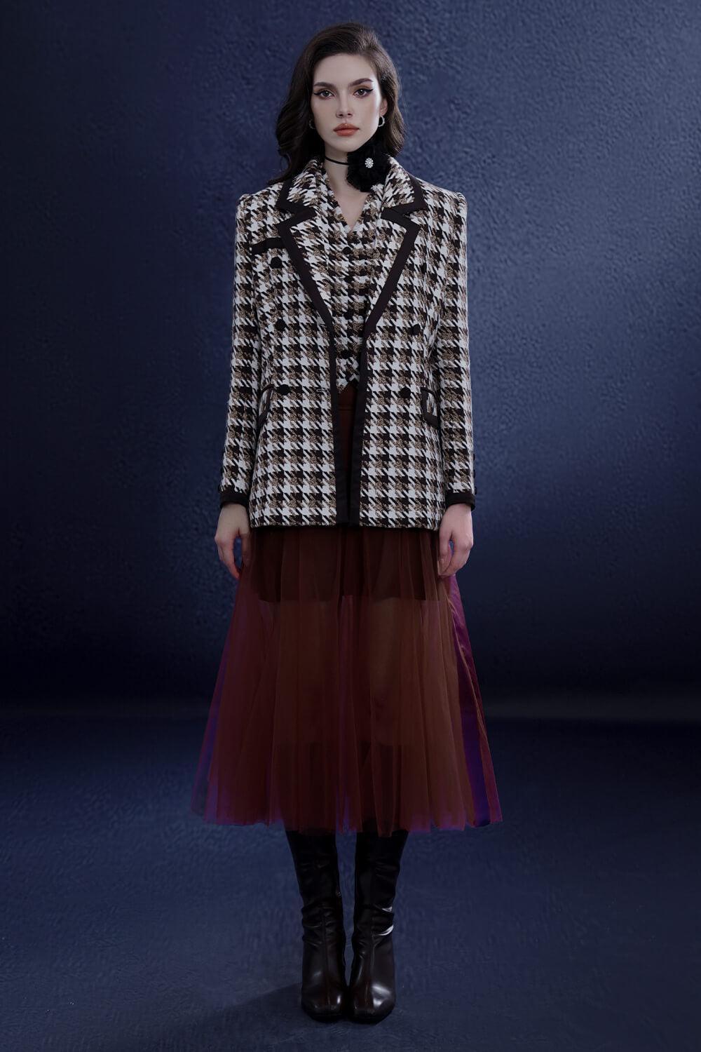 Women's Svelte Straight Notch Lapel Tweed Blazer S/M/L Brown ...