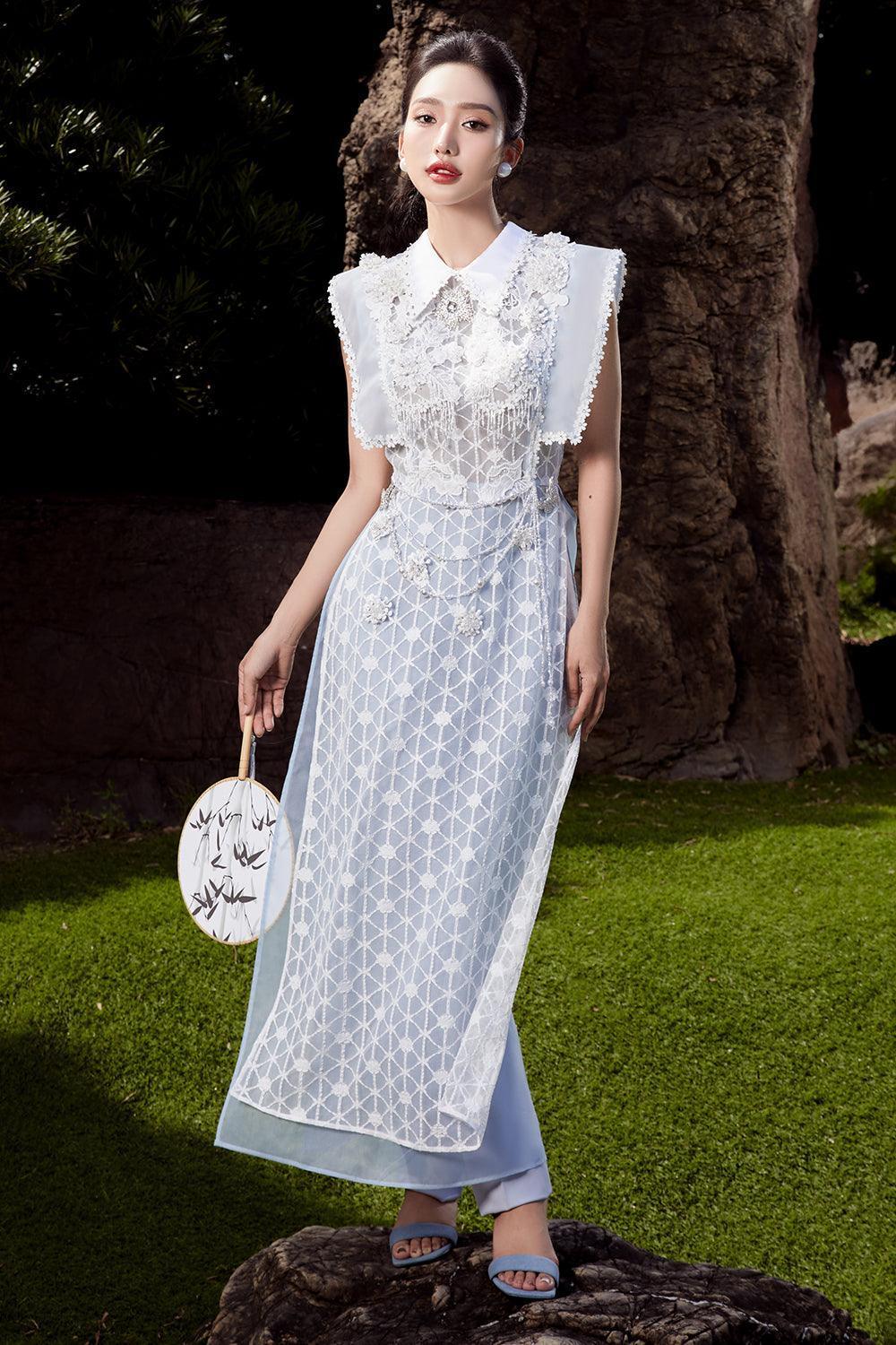 Women's Tam Dan A-line Collared Neck Mesh Lace Floor Length Ao Dai S/M ...