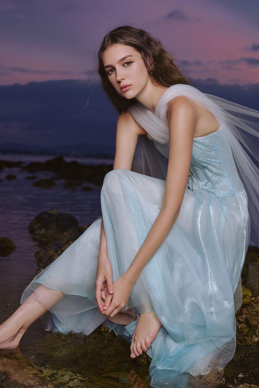 Women's The Ocean Fit and Flare Corset Waist Chiffon Midi Dress XS/XS/S ...